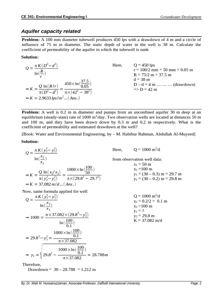 Groundwater Engineering Calculations | PDF | Aquifer | Environmental Engineering