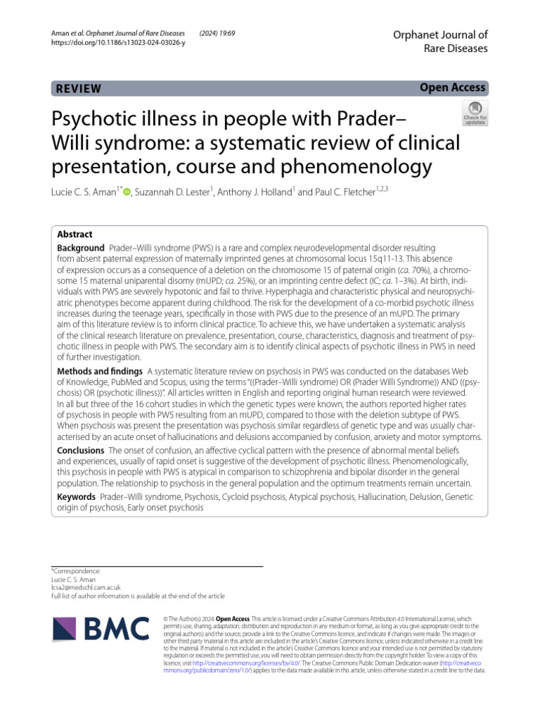 Psychotic Illness in People With Prader - Willi Syndrome - A Systematic ...