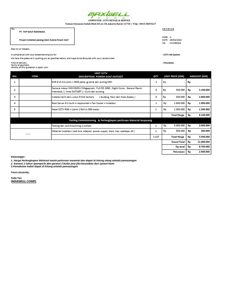 Invoice Pelunasan CCTV TOPGOLF Installasi CCTV Di Power Golf Alam ...