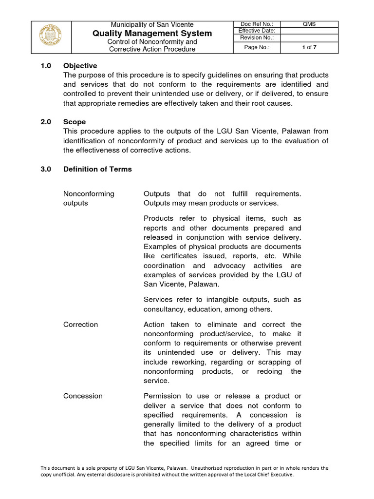 C Control Of Nonconformity And Corrective Action Procedure Pdf Quality Management System