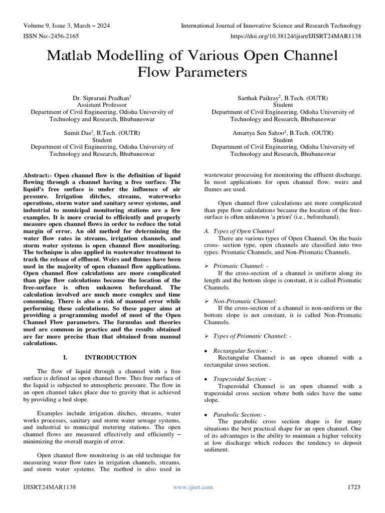 Matlab Modelling of Various Open Channel Flow Parameters | Download ...