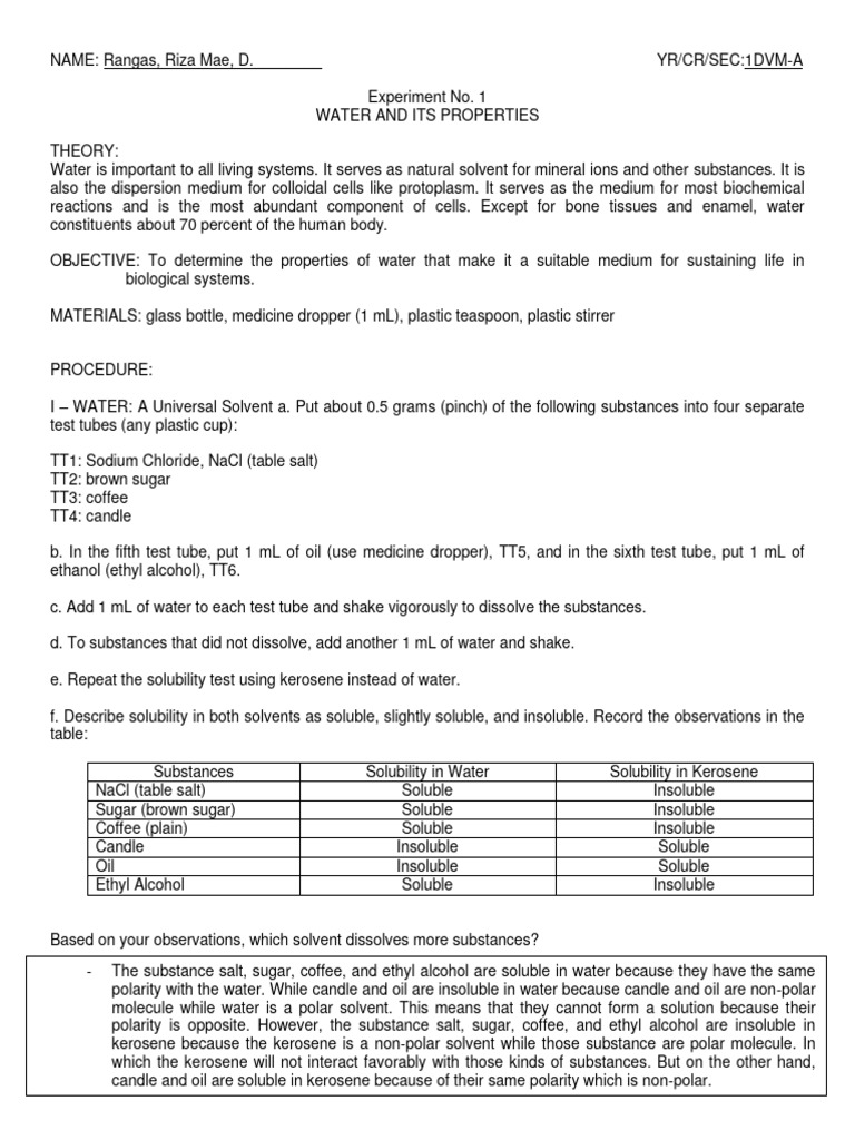 Solubility of Substances in Water vs. Kerosene | PDF | Solubility | Solvent