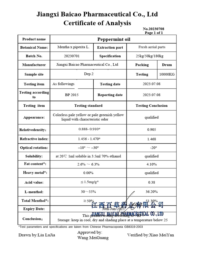 COA of peppermint oil薄荷油BP | PDF | Chemical Substances