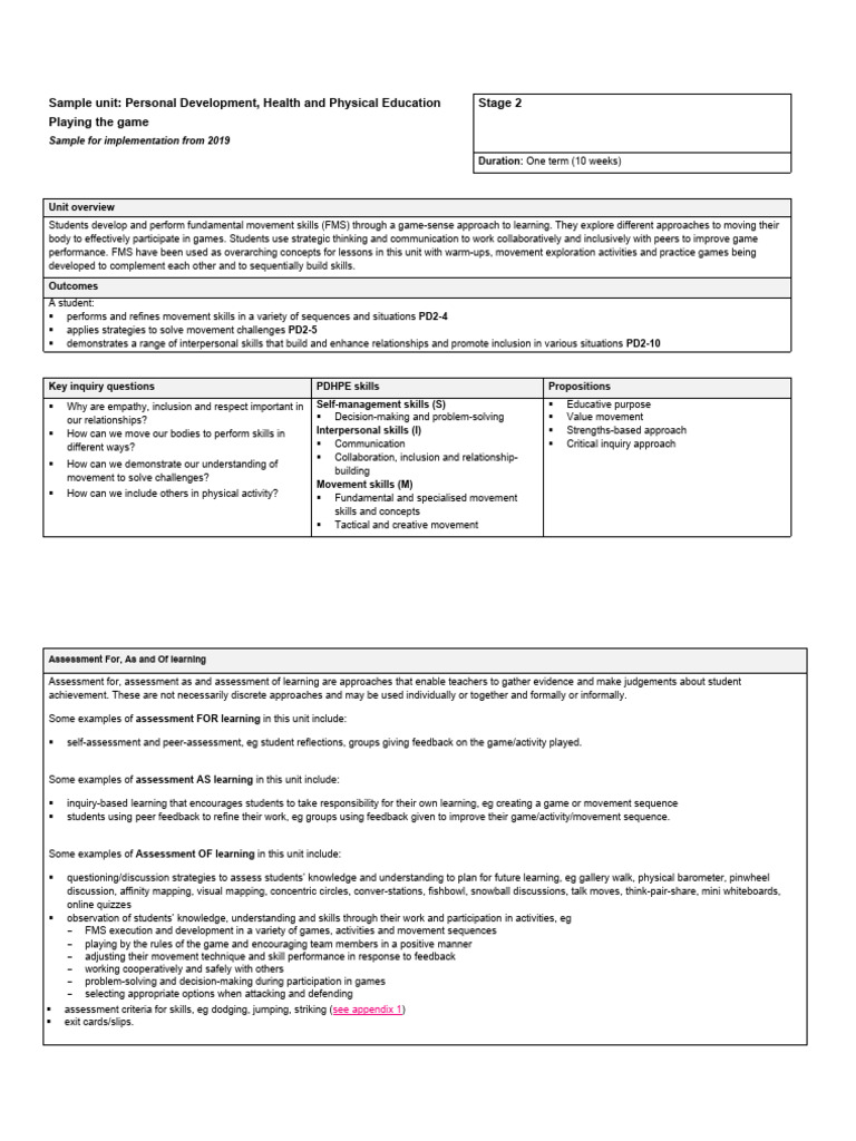 Pdhpe Stage 2 Sample Unit Playing the Game 2 | PDF | Batting (Baseball ...