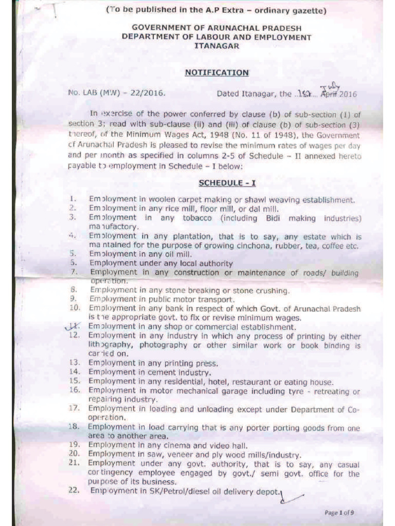 Arunachal Pradesh Minimum Wages Notification 1st April 2016 | PDF