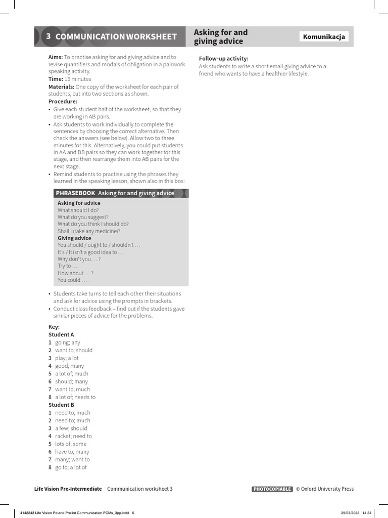 LV Pre Int Worksheet U3 Key | PDF