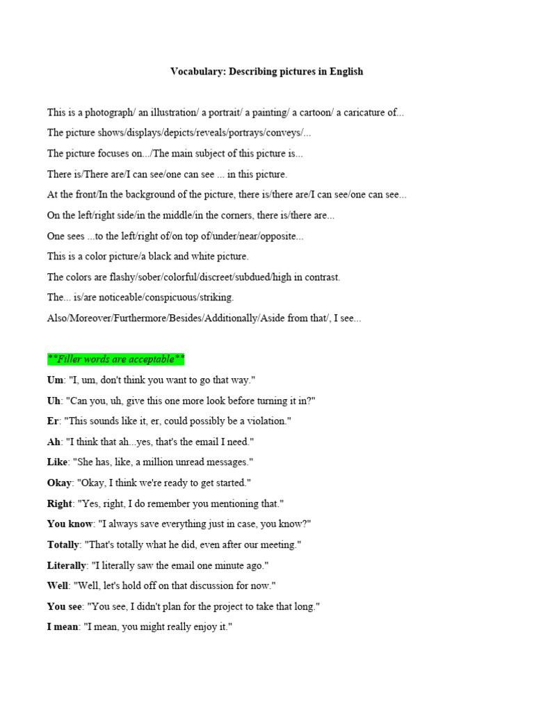 Vocabulary for Describing Pictures | PDF