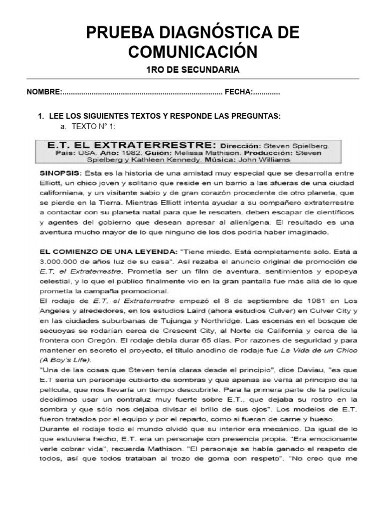 Evaluación Diagnostica de Comunicacion para 1ro | PDF
