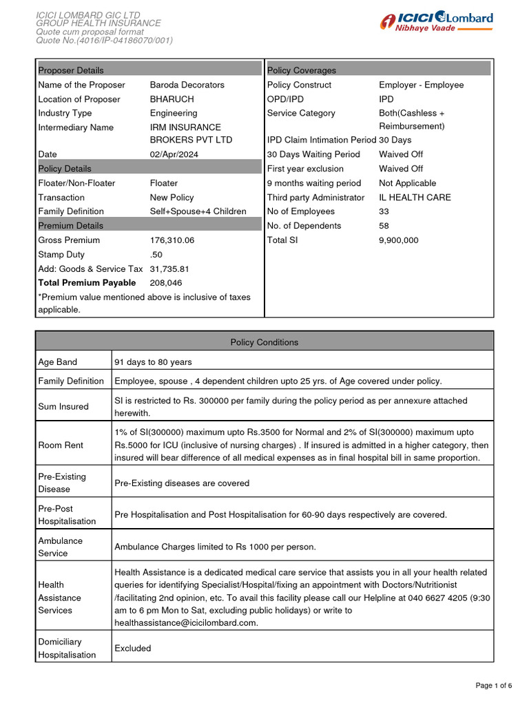 ICICI GMC Quote - Baroda Decorators Revised 02.04.2024 | PDF ...