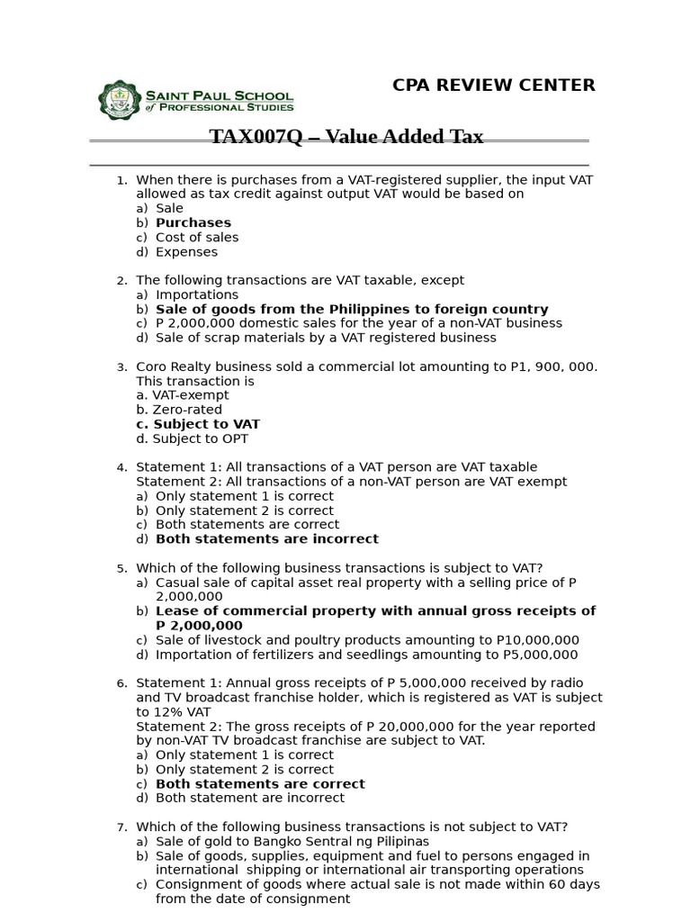VAT Exam Practice Questions | PDF | Value Added Tax | Taxes
