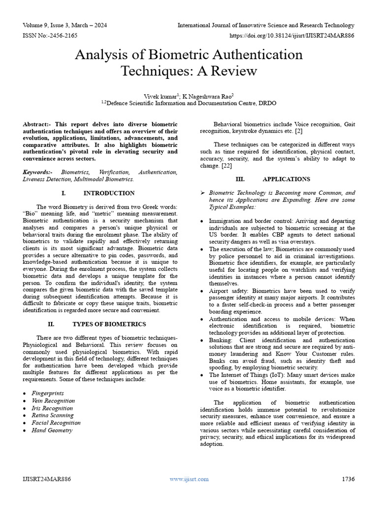 Analysis of Biometric Authentication Techniques: A Review | PDF | Biometrics | Fingerprint