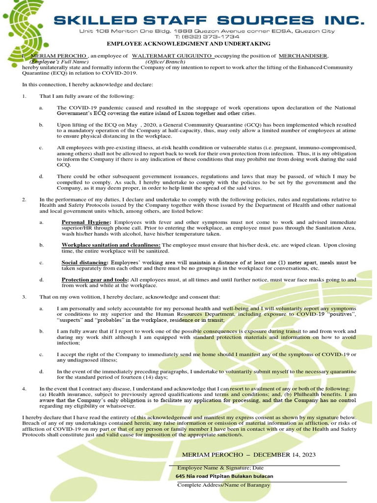 Employee Acknowledgment and Undertaking PEROCHO | PDF | Pandemic ...