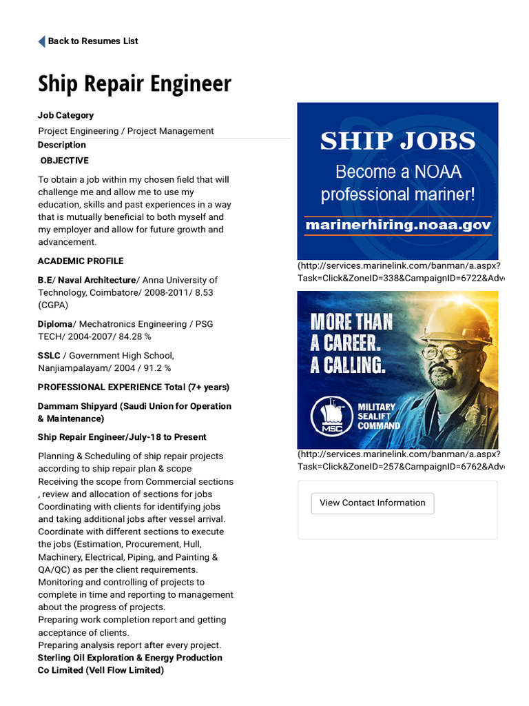 Ship Repair Engineer Resume Summary | PDF | Shipbuilding | Ships