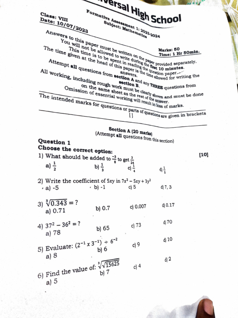 Math Question Paper Grade 8 ICSE | PDF