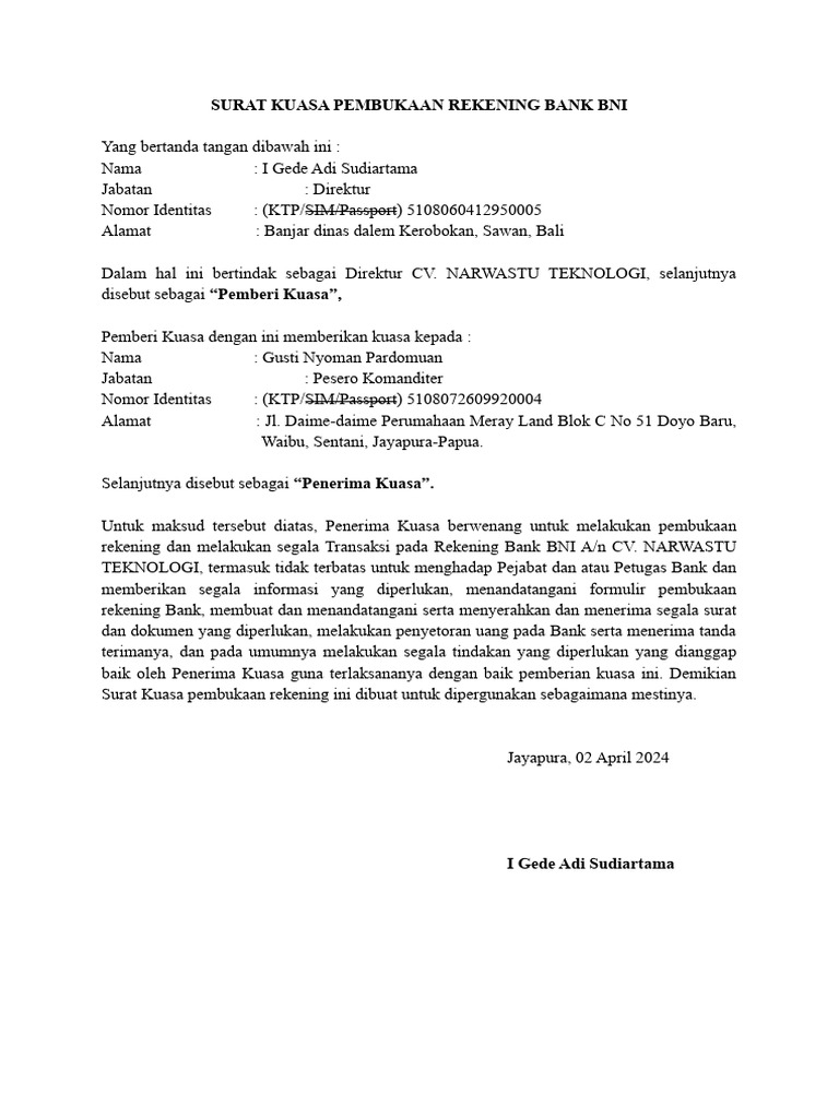 Surat Kuasa Pembukaan Rekening BNI | PDF