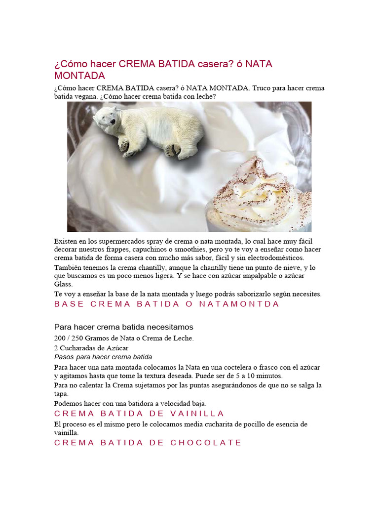 ¿Cómo Hacer CREMA BATIDA Casera Ó NATA MONTADA | PDF | Crema | Crema batida