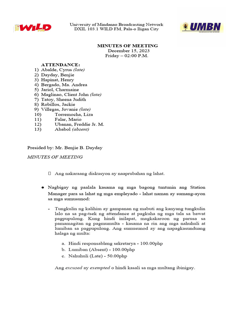 Minutes of Meeting December 2023 | PDF