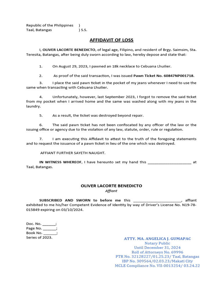 Aff of Loss - Pawn Tikcet' | PDF