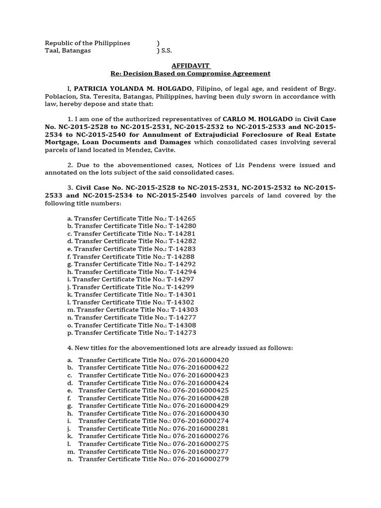 Property Case Compromise Affidavit | PDF | Affidavit | Justice