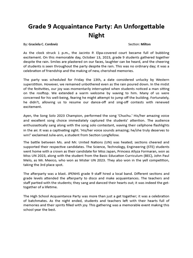 Grade 9 Acquaintance Party | PDF