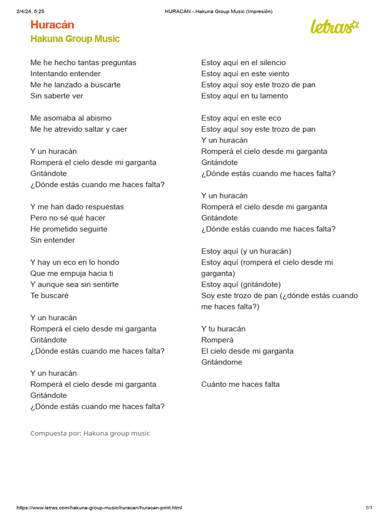 HURACÁN - Hakuna Group Music (Impresión) | PDF
