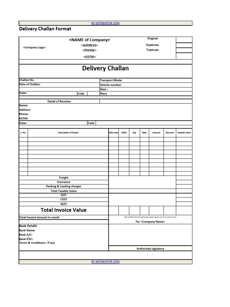 Copy of Copy of Delivery Challan Excel Format(1)(1) | PDF | Transport ...