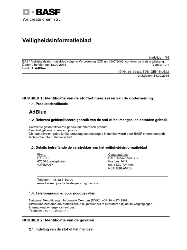 BASF Veiligheidsinformatieblad NL 2018L - Adblue | PDF