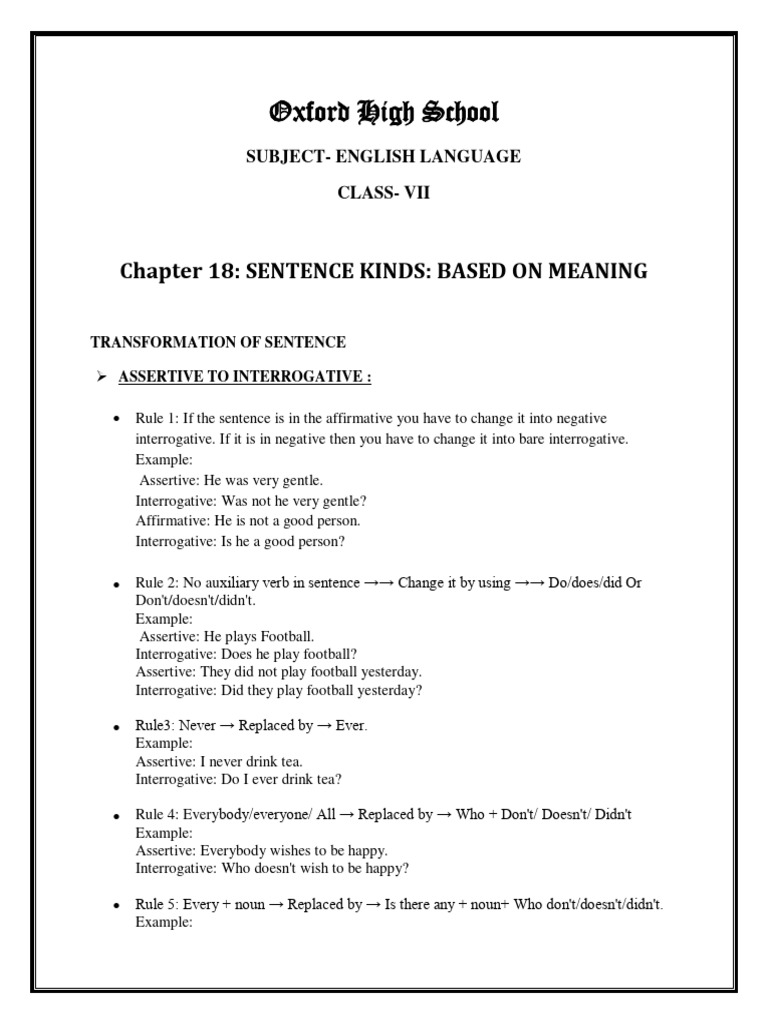 Oxford High School: Chapter 18: Sentence Kinds: Based On Meaning | PDF ...