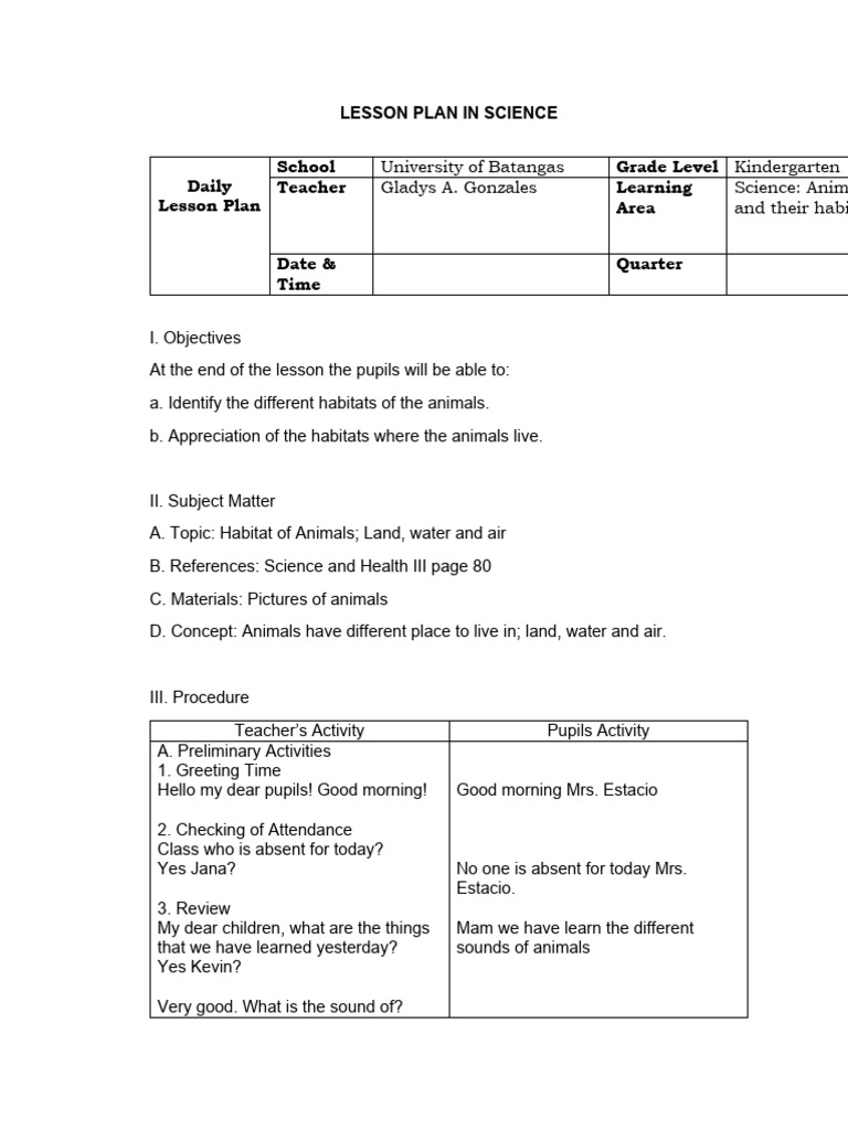 A Detailed Lesson Plan in Kindergarten Science | PDF | Old Mac Donald ...