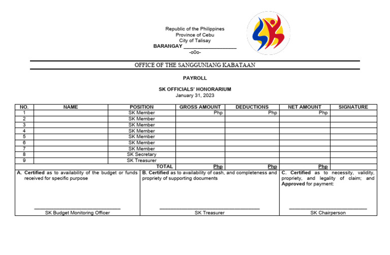 SK Officials' Honorarium Payroll Sample | PDF