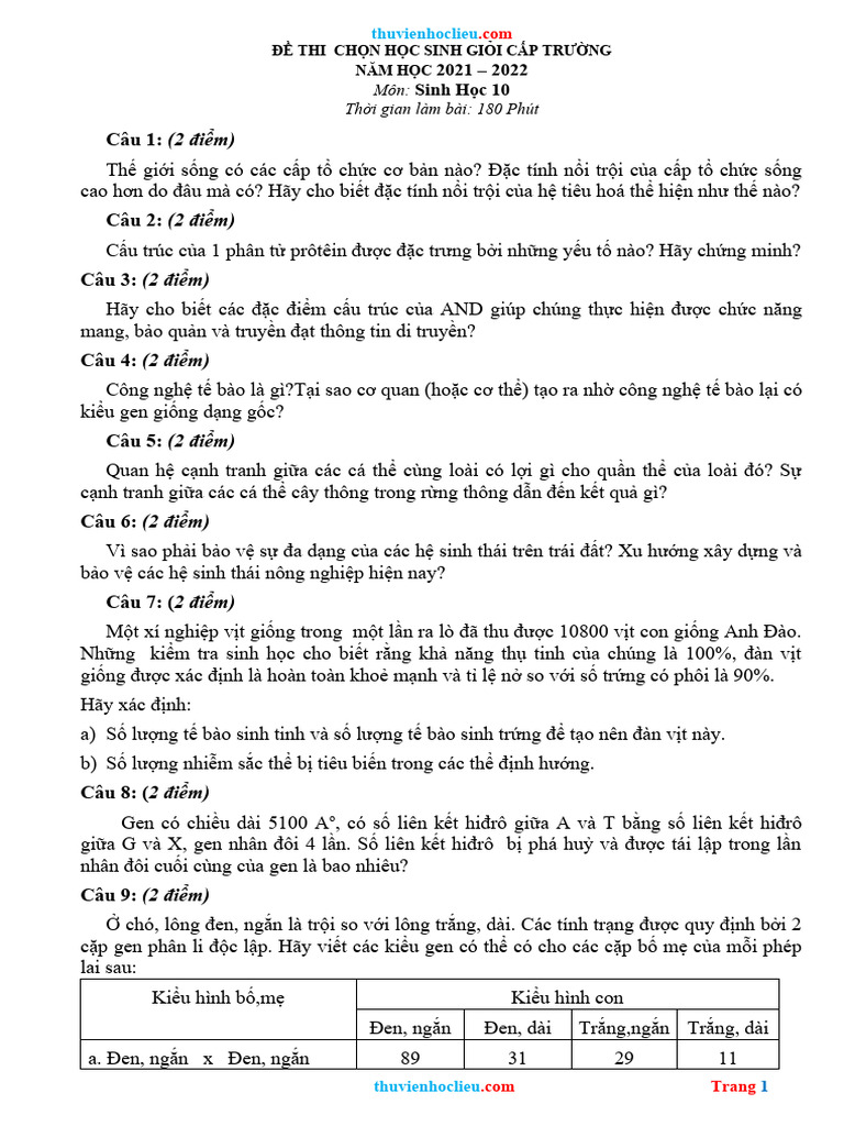 De Thi HSG Sinh 10 Cap Truong 2021 2022 Co Dap An | PDF
