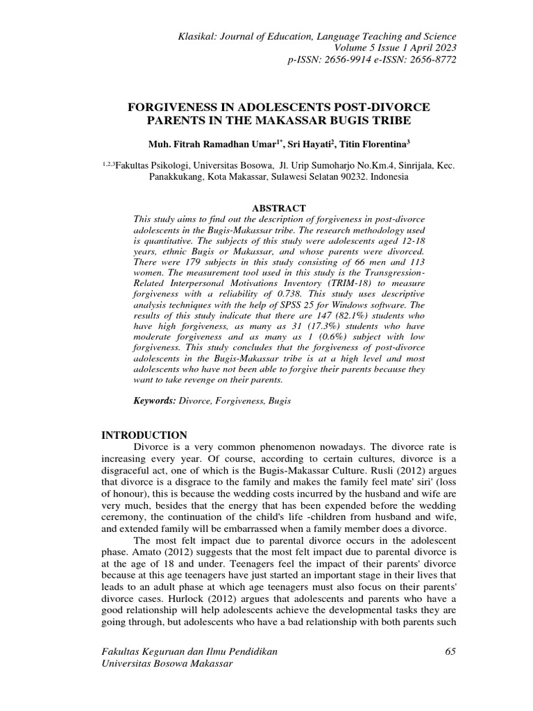 Forgiveness in Bugis Adolescents Post-Divorce | PDF | Adolescence ...
