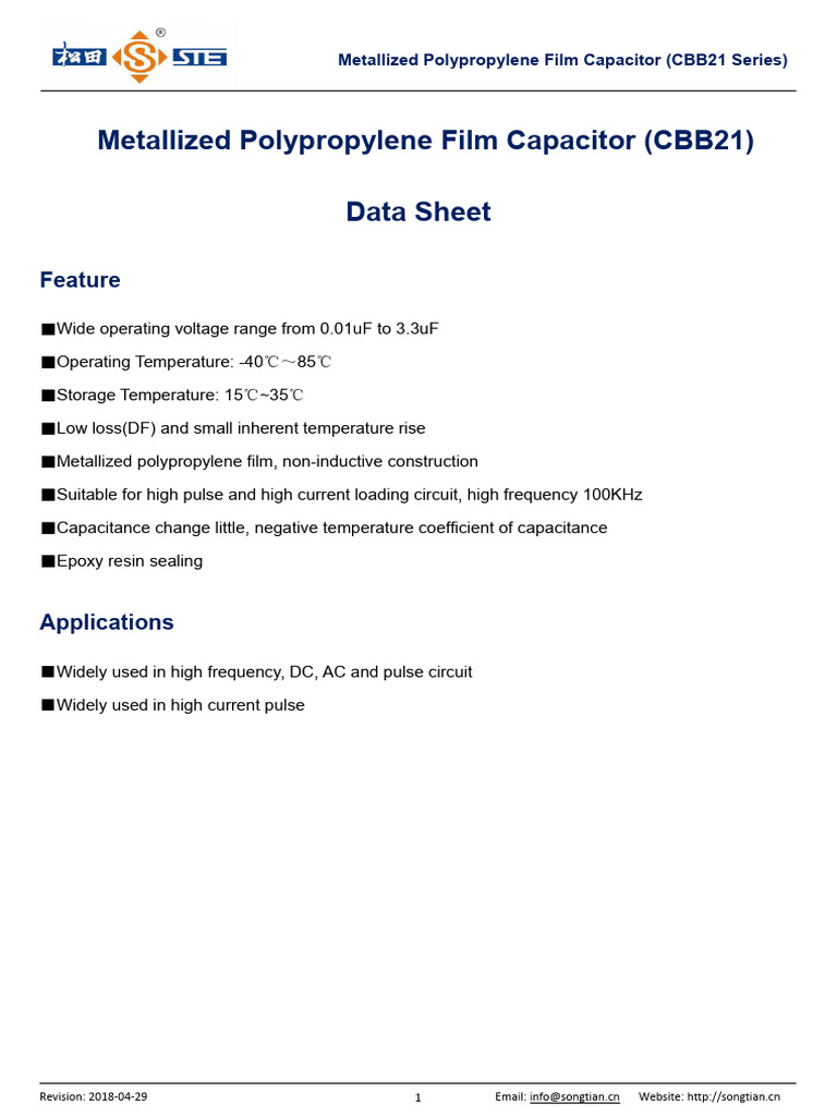STE CBB21 (MPP) Metallized Polypropylene Film Capacitor | PDF ...