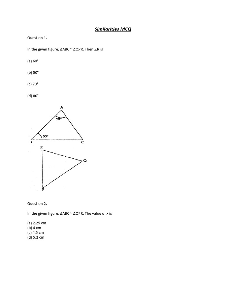MCQ - Similarites | PDF | Triangle | Geometric Shapes