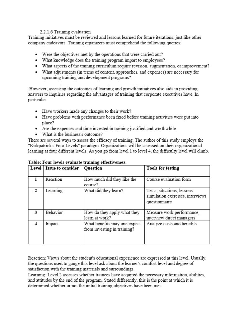 Table: Four Levels Evaluate Training Effectiveness Level Issue To ...