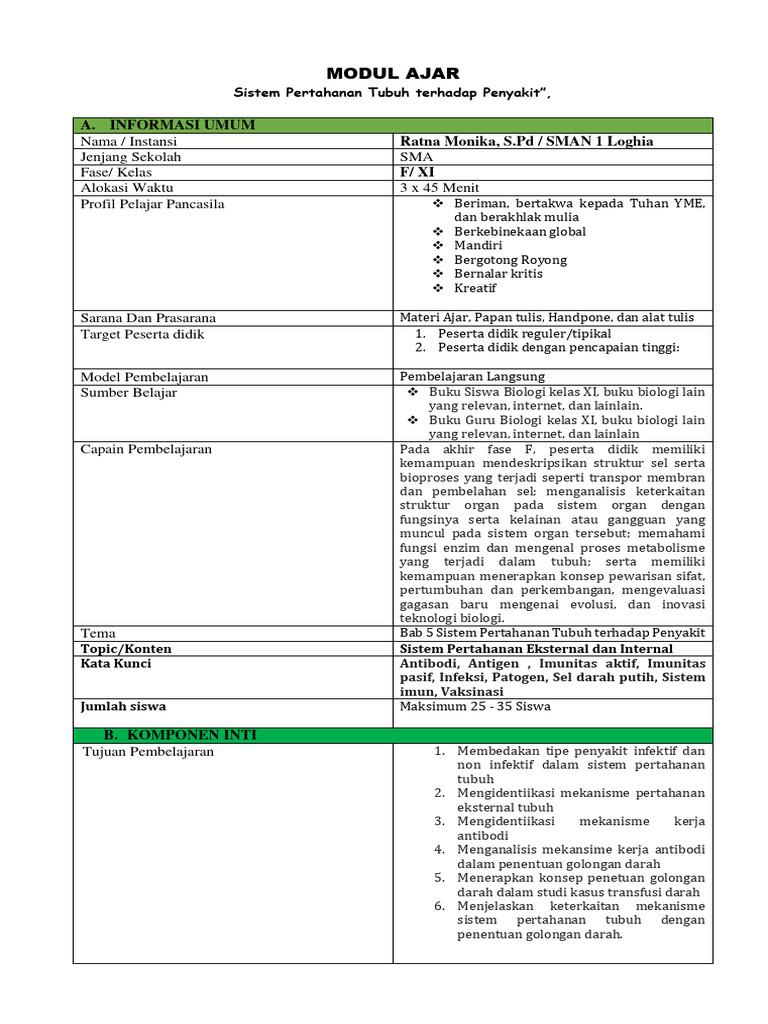 Modul Ajar Biologi - Sistem Pertahanan Tubuh Terhadap Penyakit - Fase F ...