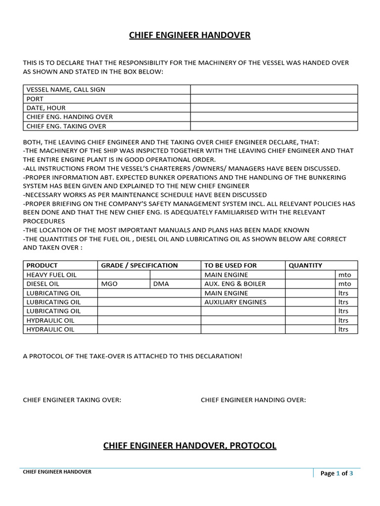 E-01 - Chief Engineer Handover | Download Free PDF | Fuel Oil | Marine ...