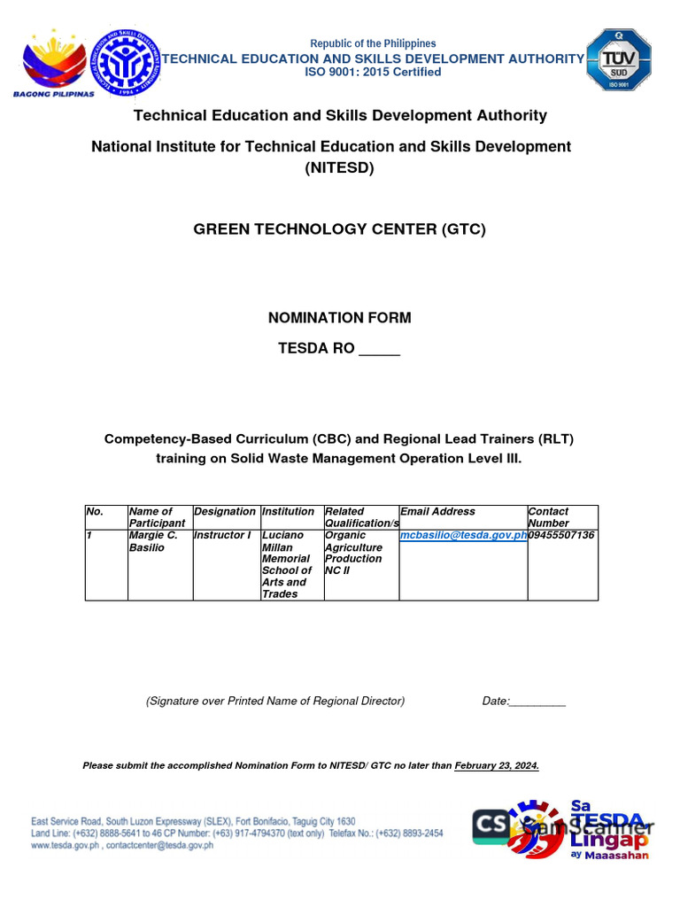 TESDA Nomination Form for Waste Management | PDF
