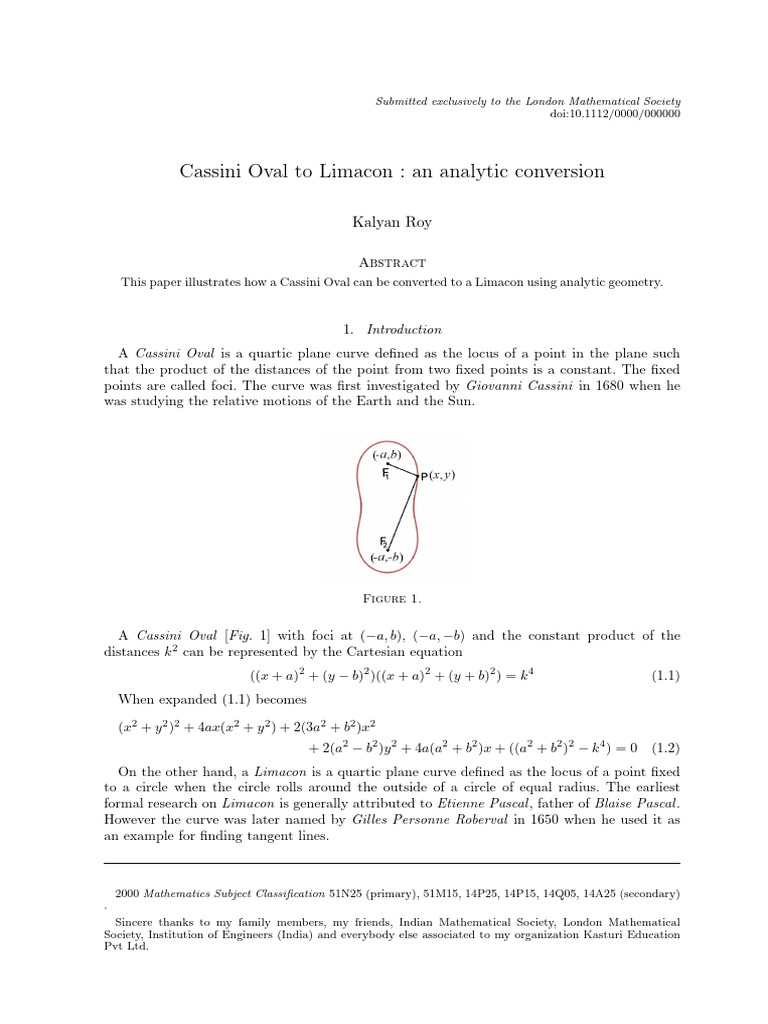 Cassini Oval To Limacon An Analytic Conversion TRANSACTIONS LMS | PDF ...
