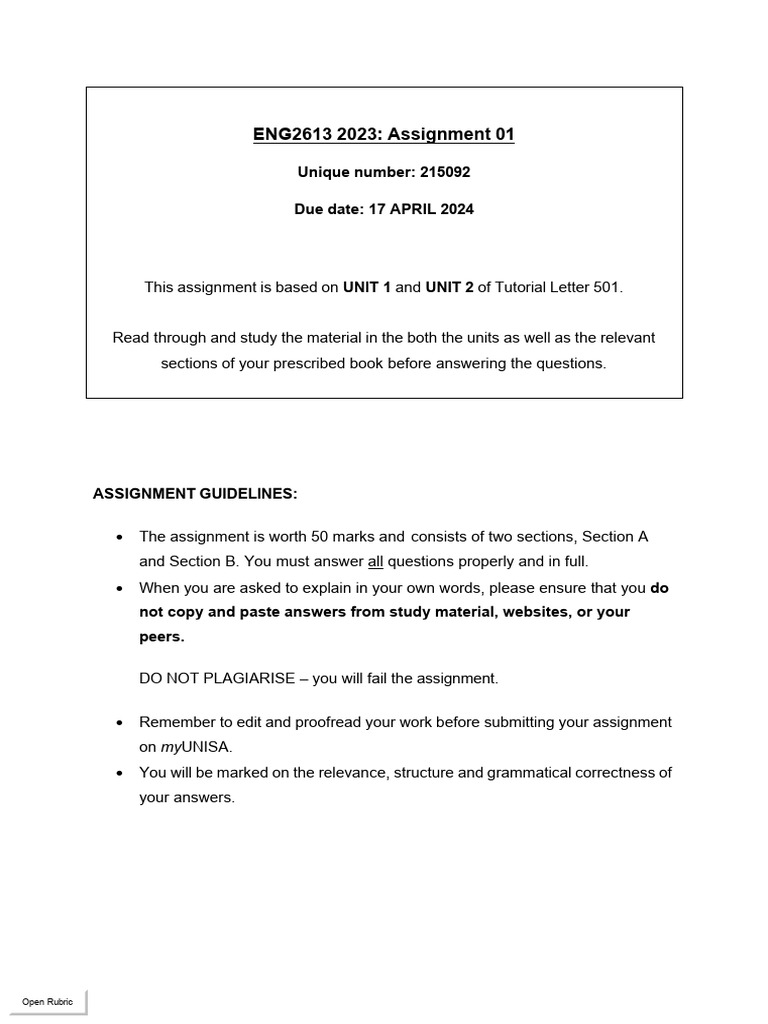 ENG2613 Assignment 01 2024 | PDF | Poetry | Genre