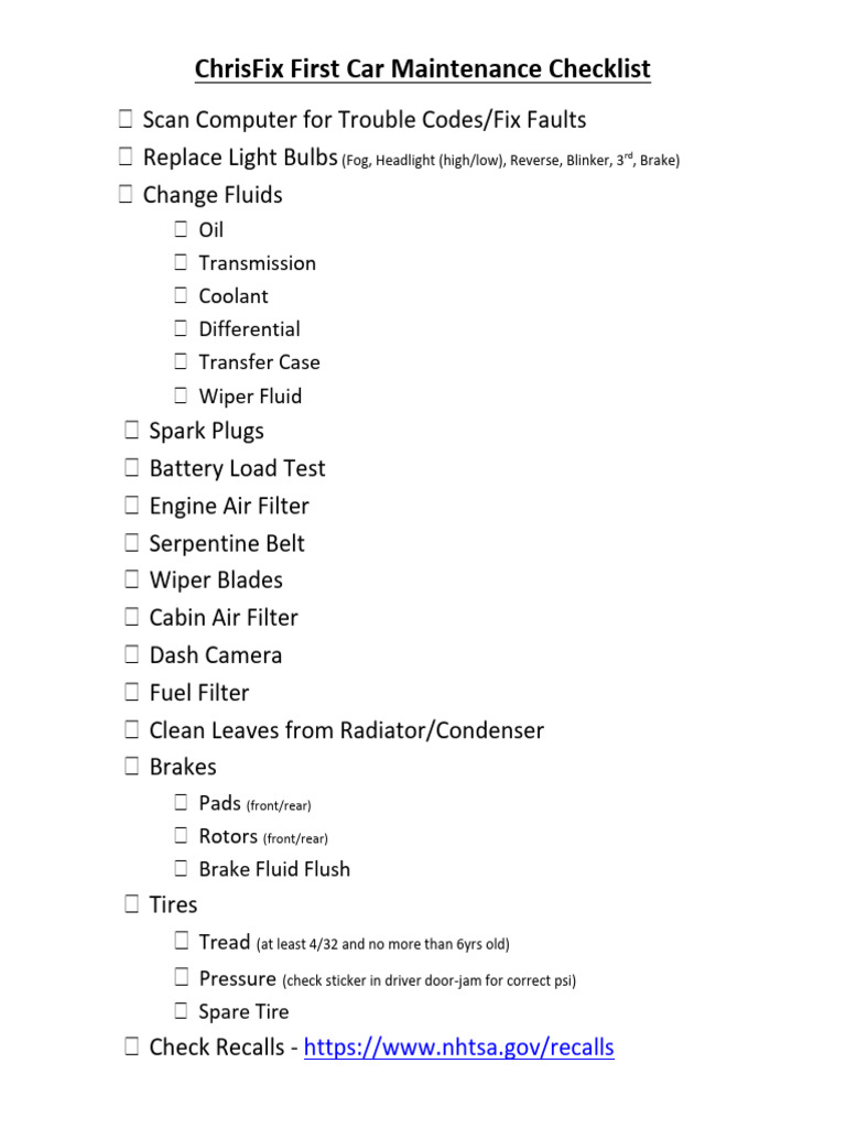 ChrisFix Maintain First Car Checklist | PDF