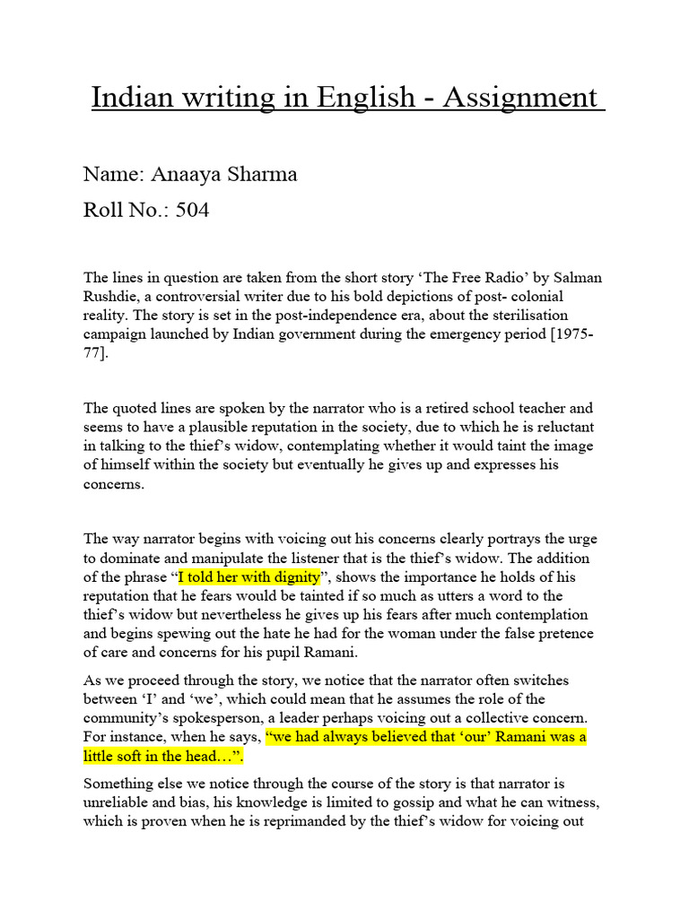 Indian Writing in English Assig 1 | PDF