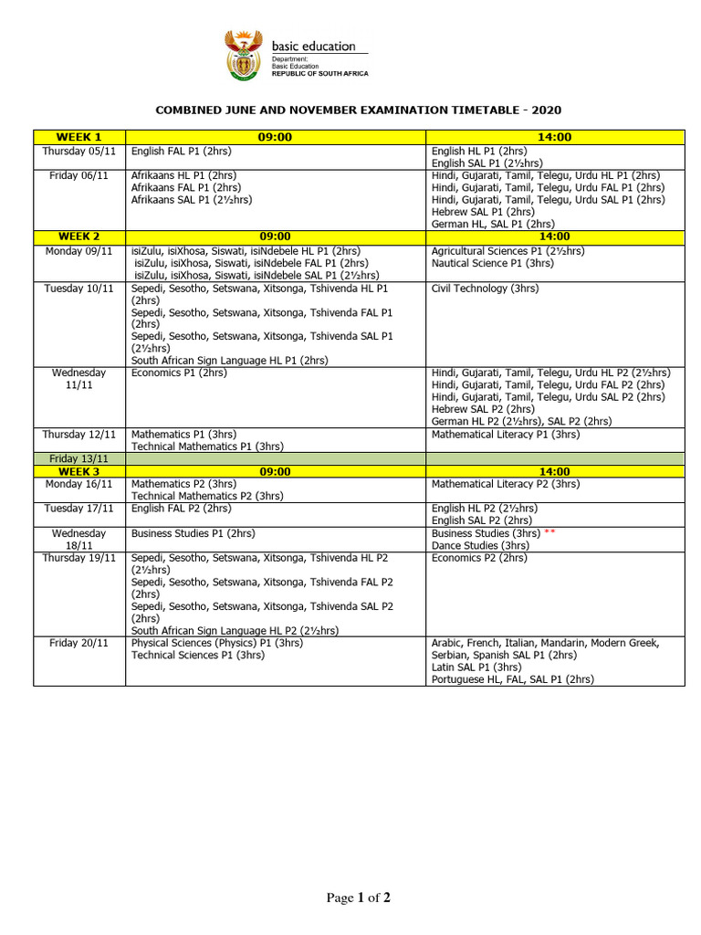 2020 NSC Timetable - Final - 11 August 2020 - Final | PDF | Languages ...