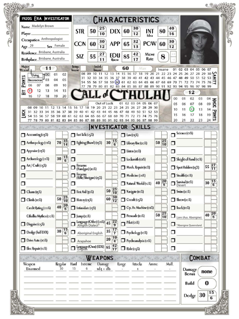 Call of Cthulhu - Masks of Nyarlathotep - Pregen - Madelyn Brown | PDF