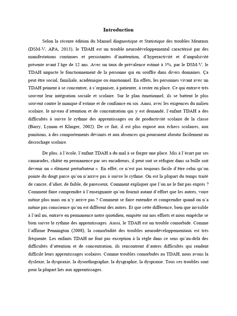 INTRODUCTION Début | PDF | Trouble du déficit de l'attention avec ou ...