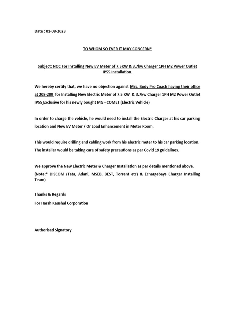 NOC FORMAT FOR COMET EV METER & CHARGER INSTALLATION | PDF