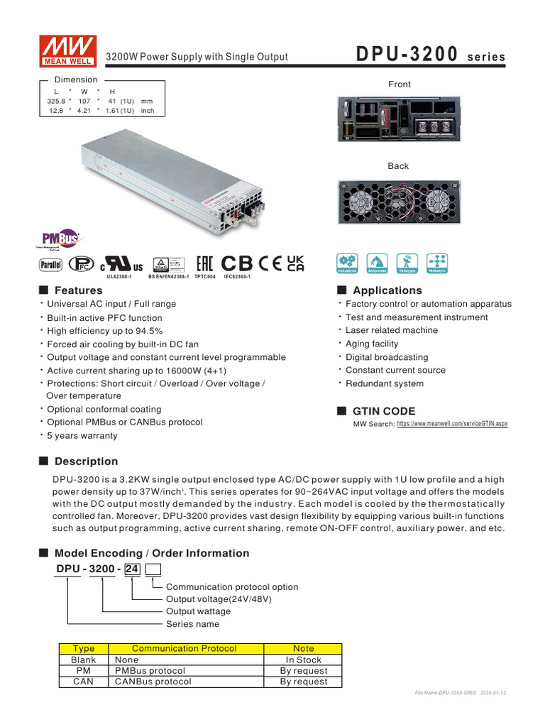 Dpu 3200 Spec | PDF | Power Supply | Electricity