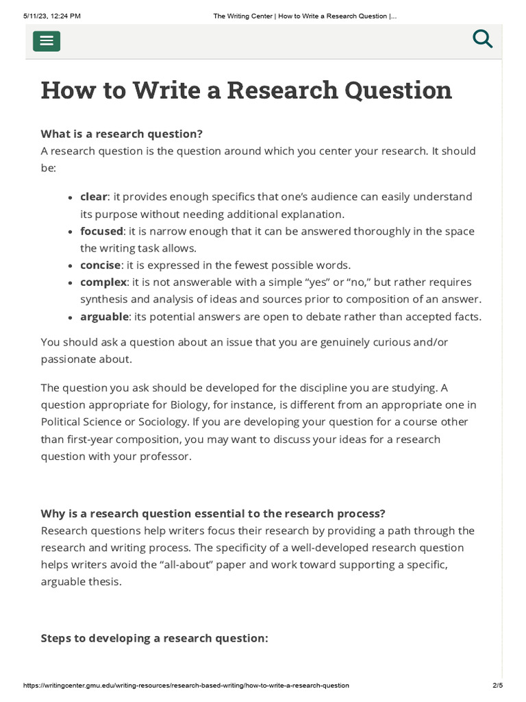 The Writing Center - How To Write A Research Question-1 | PDF ...