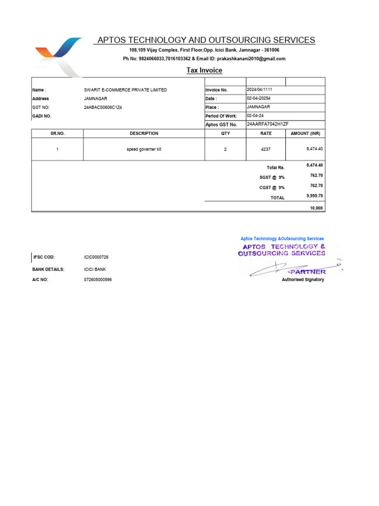 Aptos Technology and Outsourcing Services: Tax Invoice | PDF