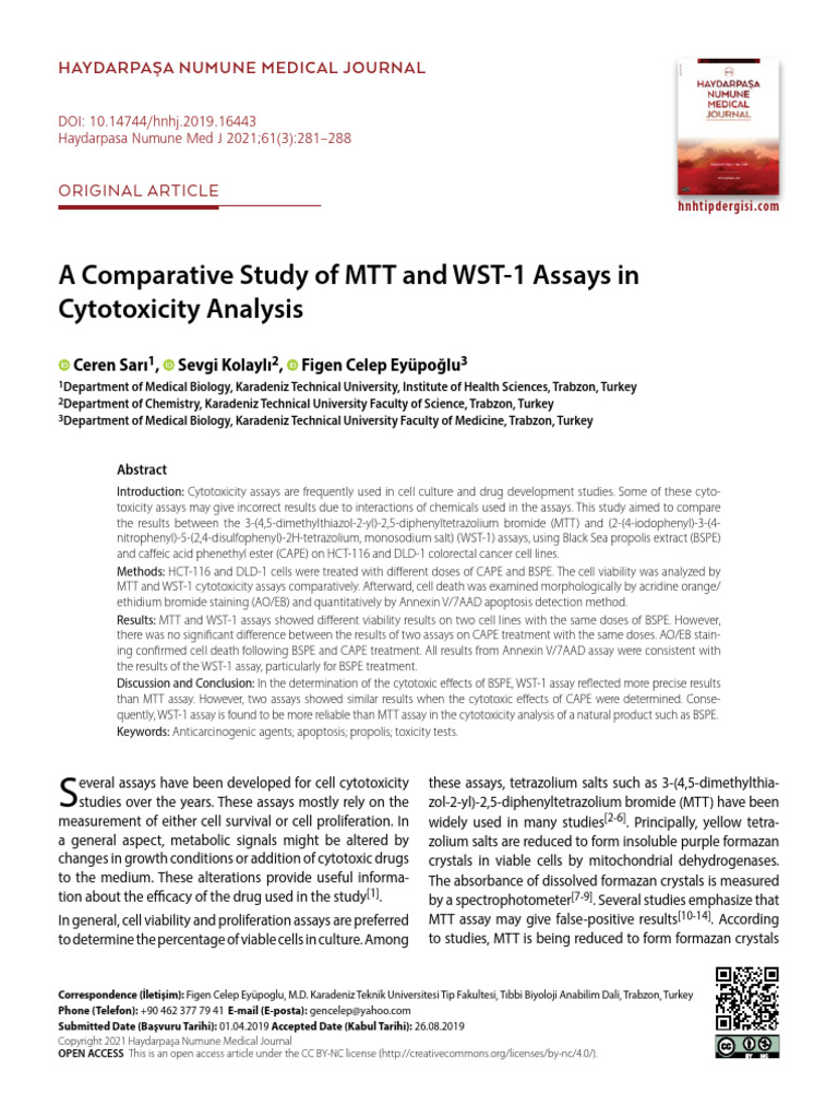 A Comparative Study of MTT and WST-1 Assays in Cytotoxicity Analysis | PDF | Cytotoxicity | Biology